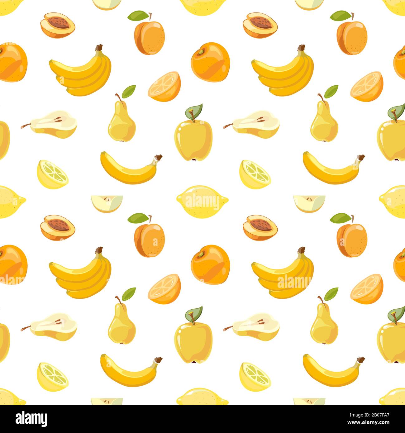 Yellow fruits seamless pattern over white background. Apricot pear and ...