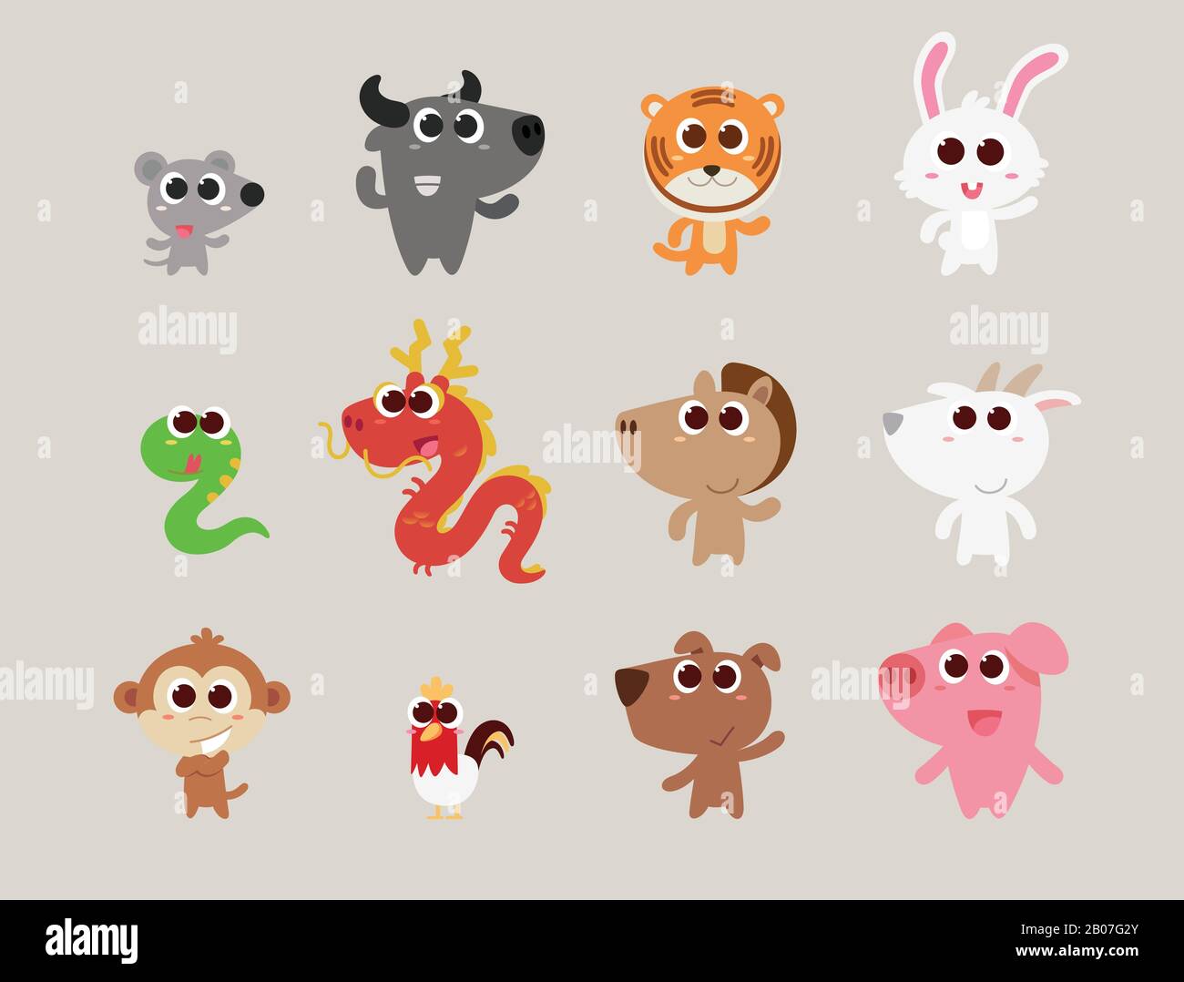 Zodiac animals are cute flat cartoon-style standing and smile. Stars ...