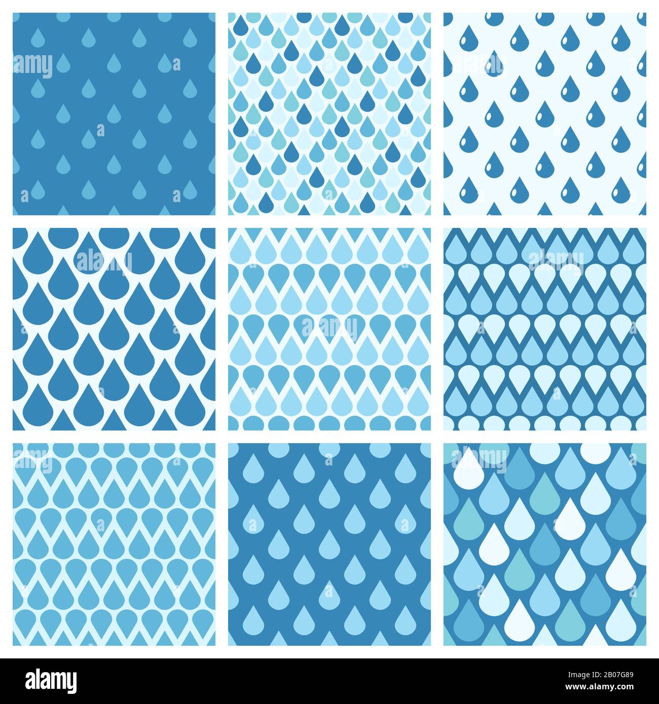 Set of blue vector water drops seamless patterns. Rain backdrop ...