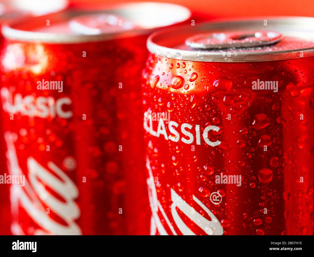 In this photo illustration Coke / Coca Cola cans covered with drops of ...