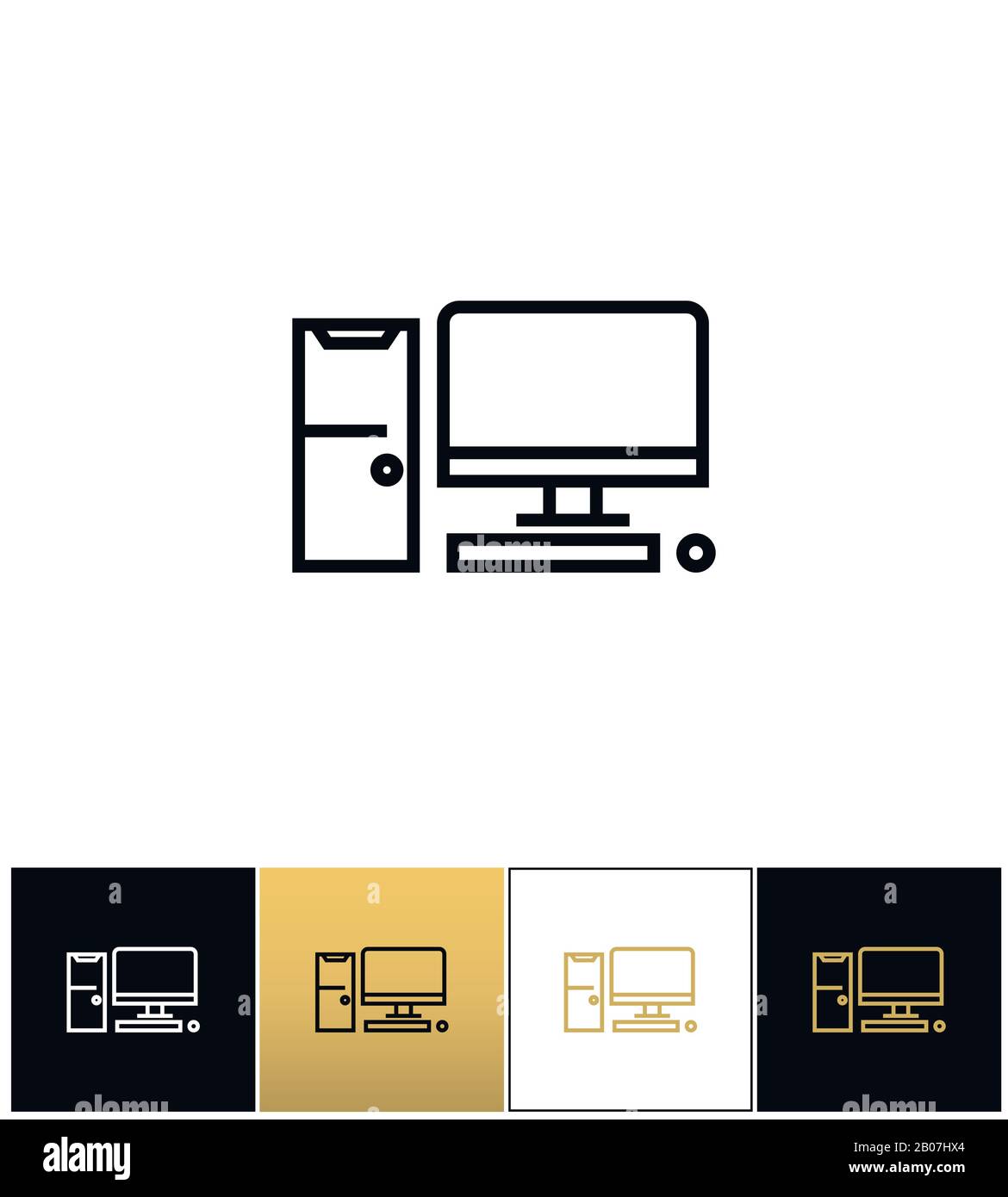 Computer desktop sign or PC vector icons on black, white and gold ...