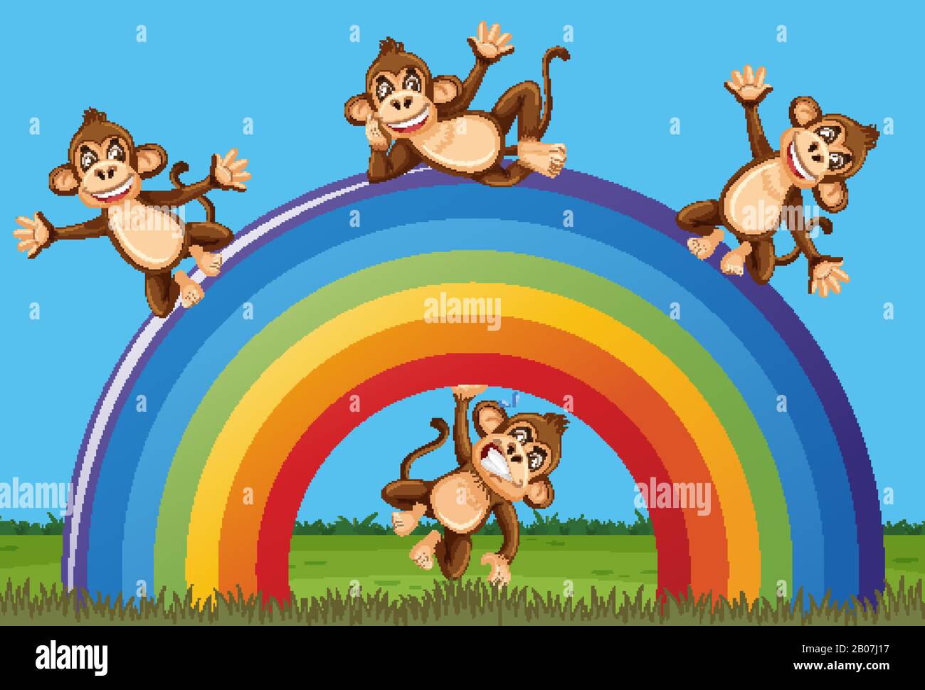 Scene with happy monkeys and big rainbow in the park illustration Stock ...