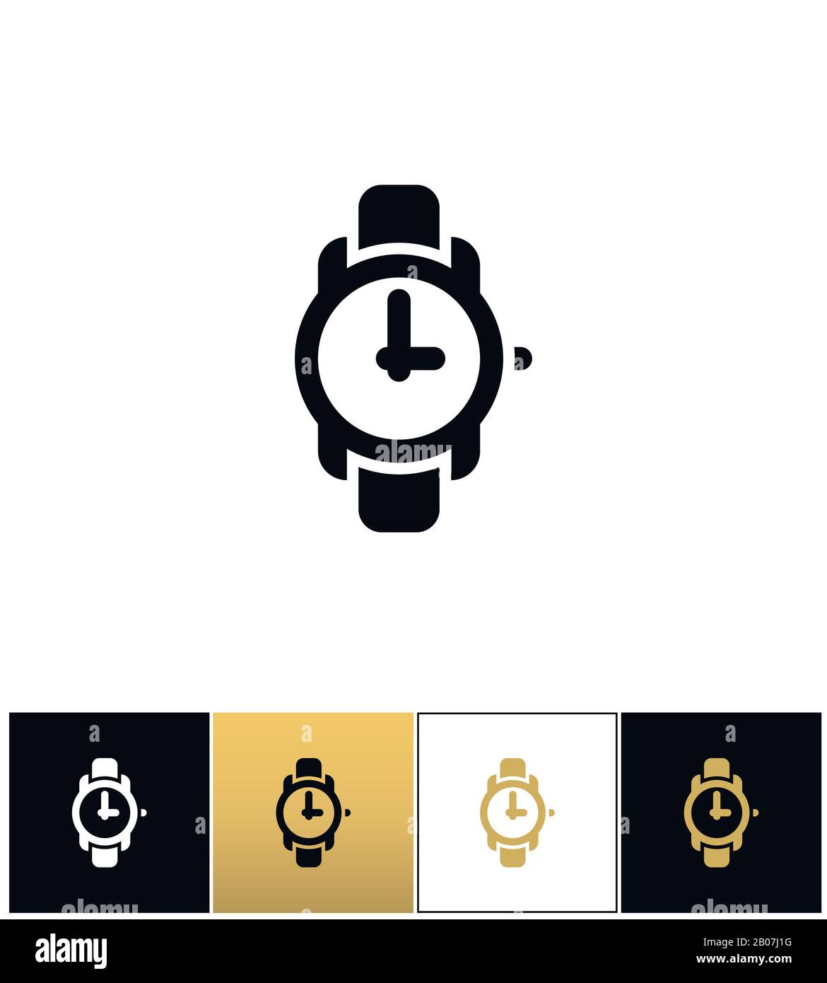 Wrist watch sign or wristwatch vector icons on black, white and gold ...