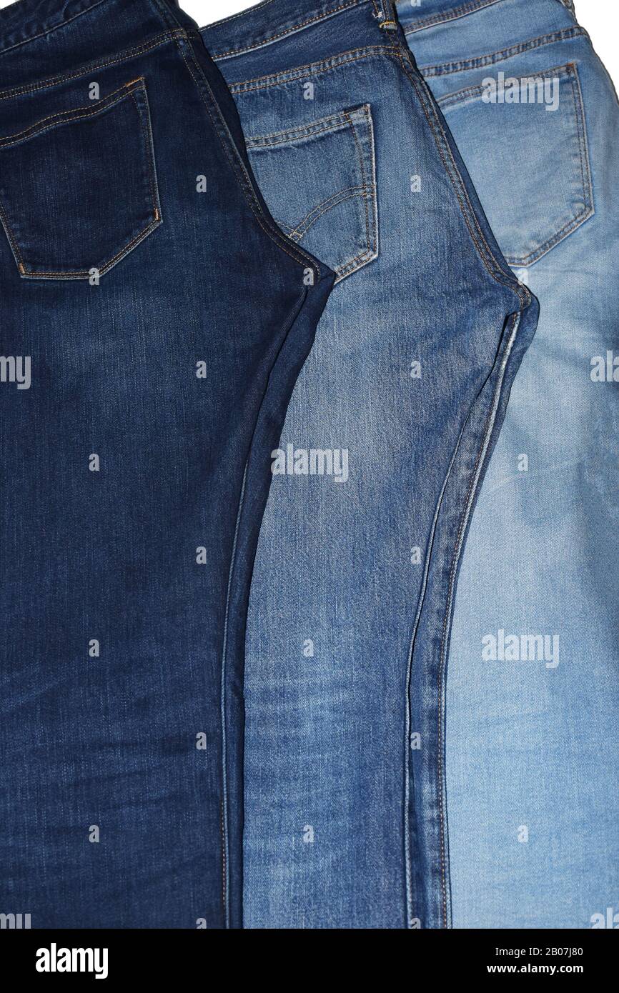 Set of Colorful shades of blue jeans trousers isolated in style light ...