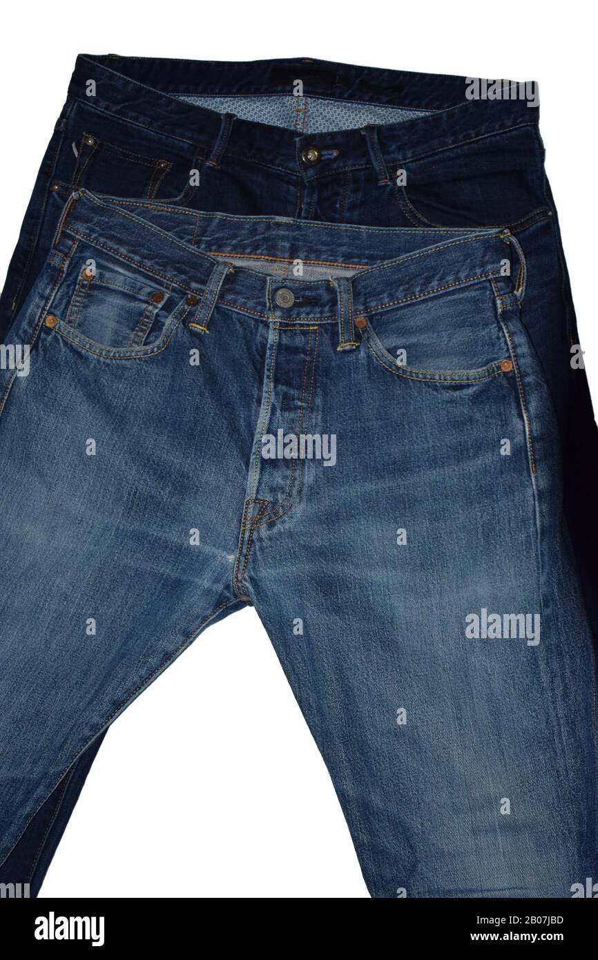 Set of Colorful shades of blue jeans trousers isolated in style light ...