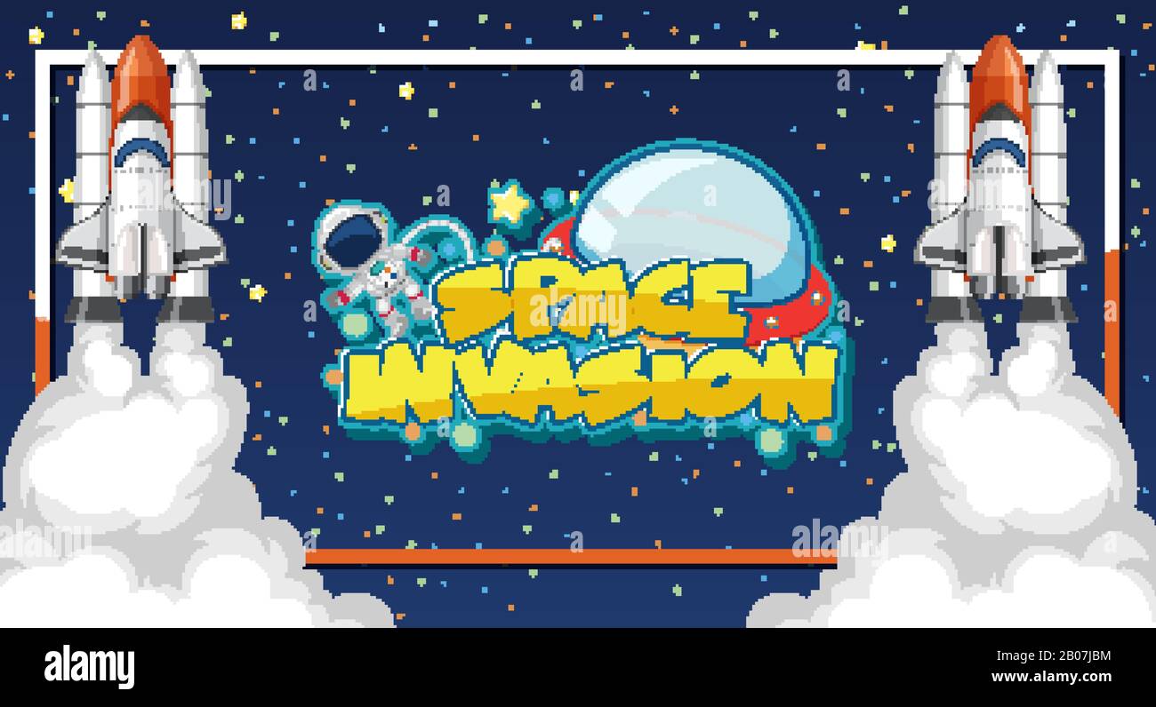 Space invasion sign template with astronaut and two spaceships ...
