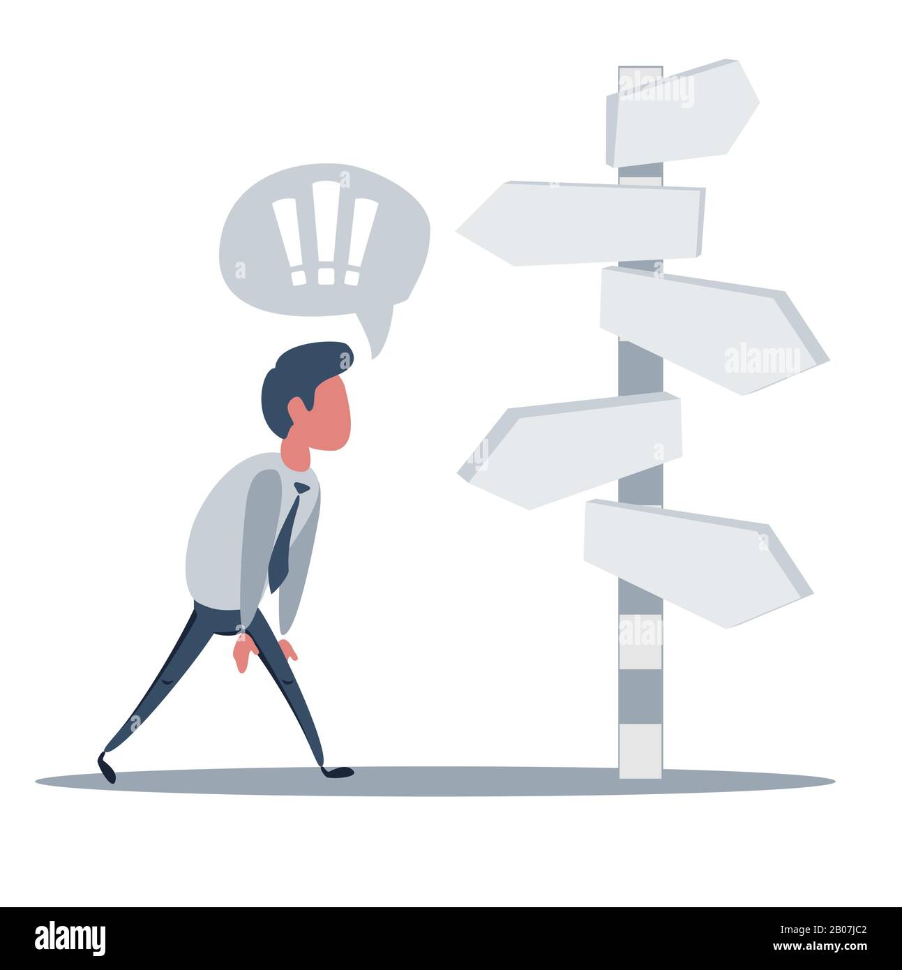 Right direction. A businessman looks at arrows pointing to many ...