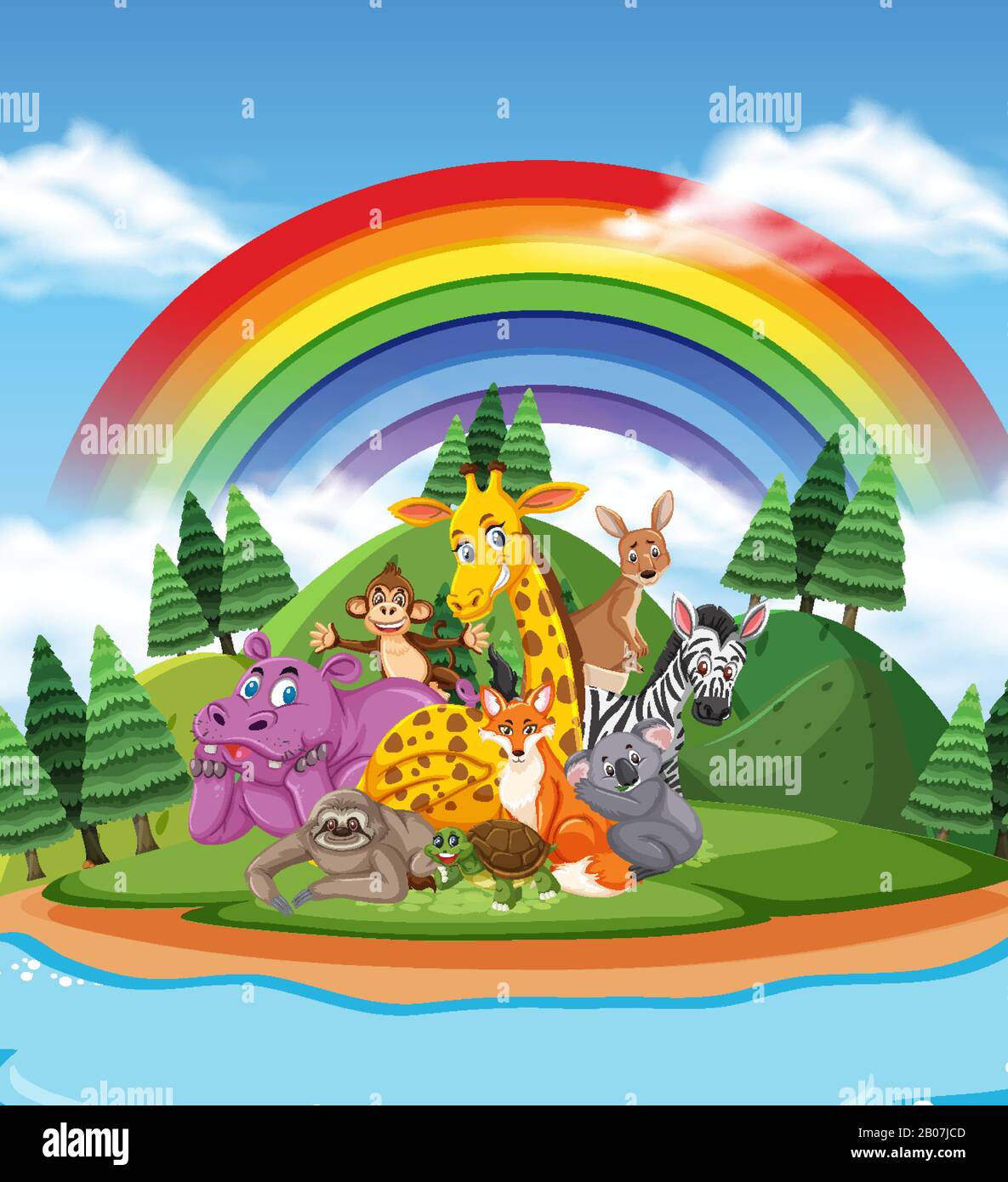 Scene with wild animals by the lake at day time illustration Stock ...