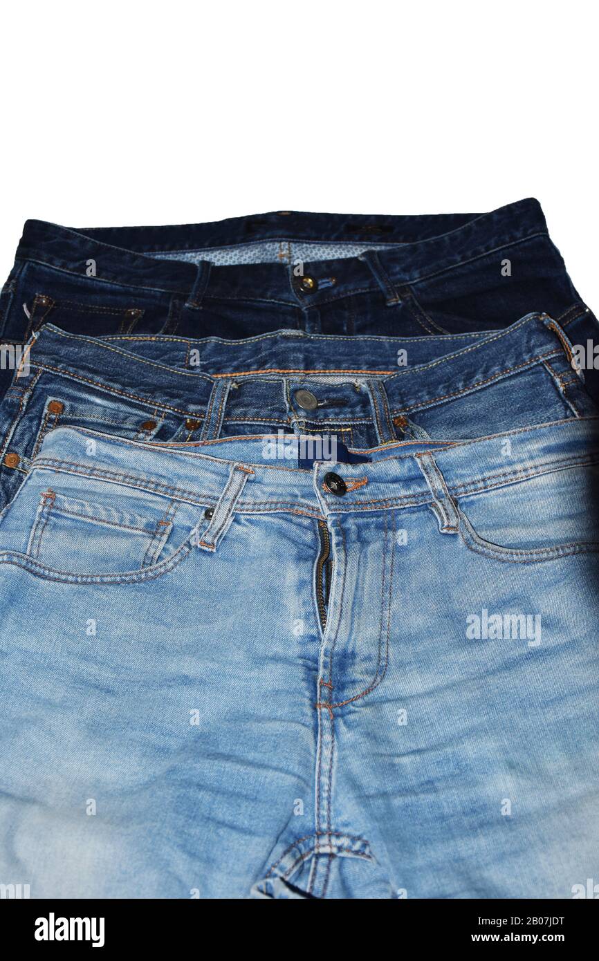 Set of Colorful shades of blue jeans trousers isolated in style light ...