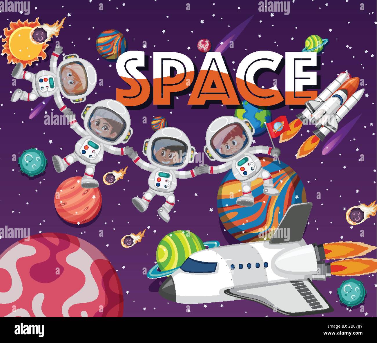 Poster design template with astronauts and many planets in background ...