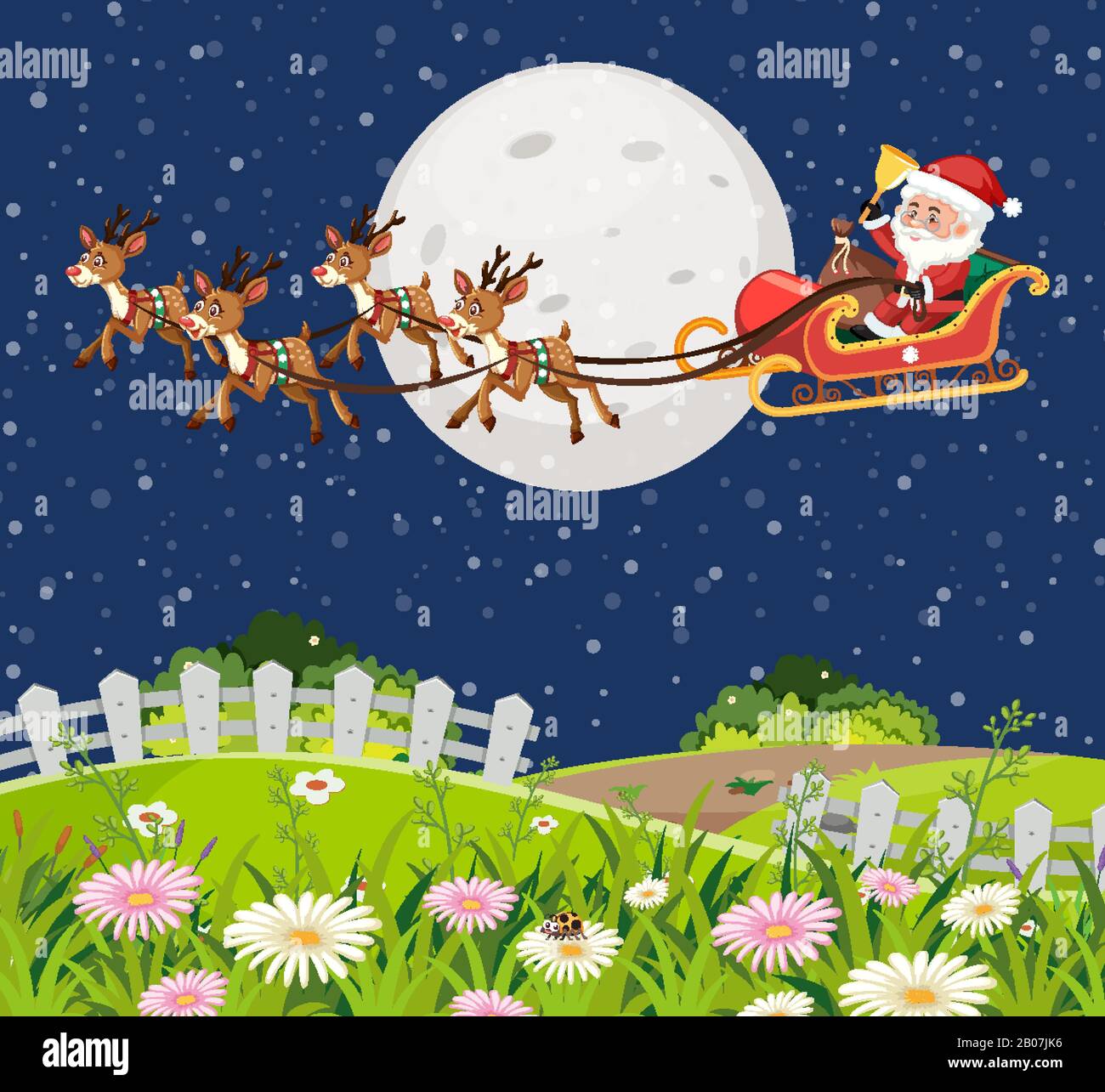 Scene with Santa on the sleigh flying over the green field at night ...