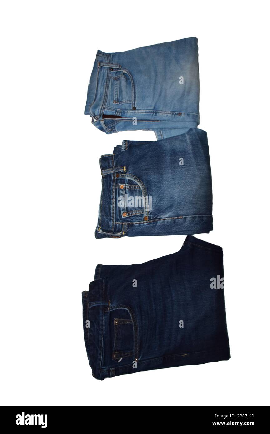 Set of Colorful shades of blue jeans trousers isolated in style light ...