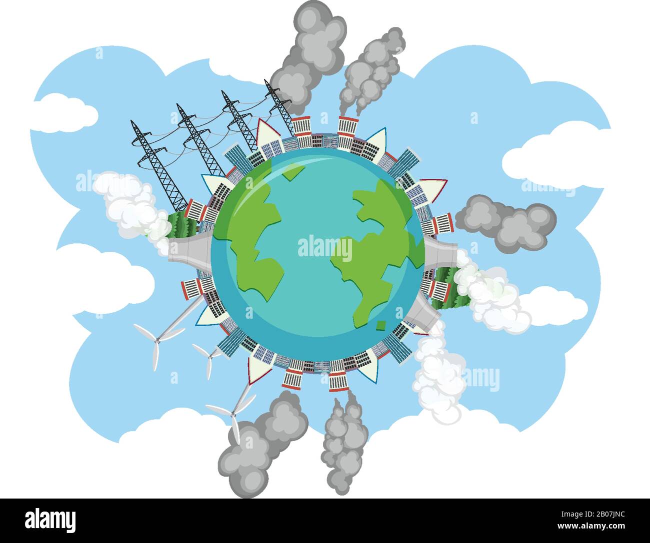 Pollution on earth with factory buildings making dirty smoke ...