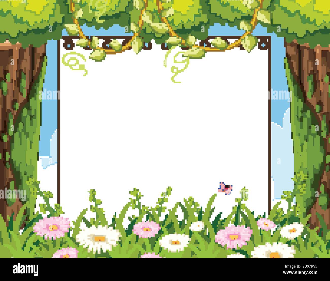 Background template design with trees and flowers in the forest ...