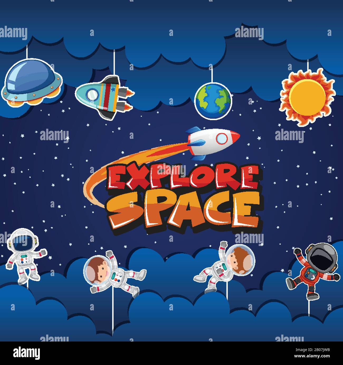 Poster design with many astronauts and planets in background ...