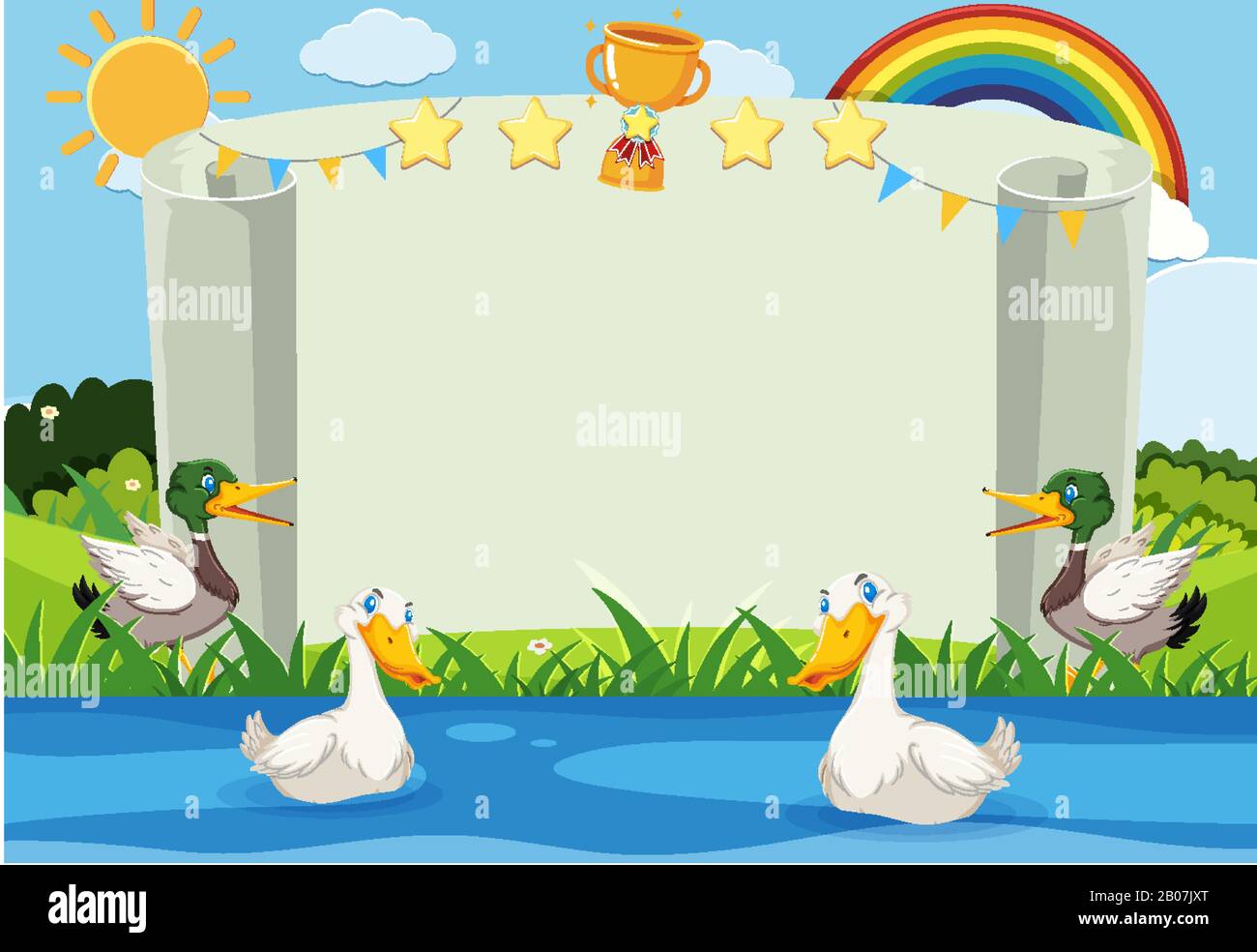 Banner template with ducks swimming in the river illustration Stock ...