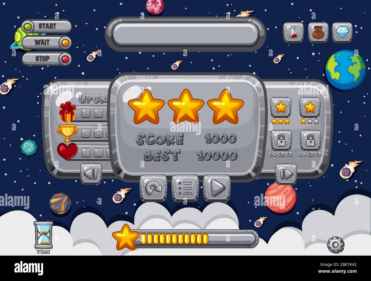 Screen template for computer game with space background illustration ...
