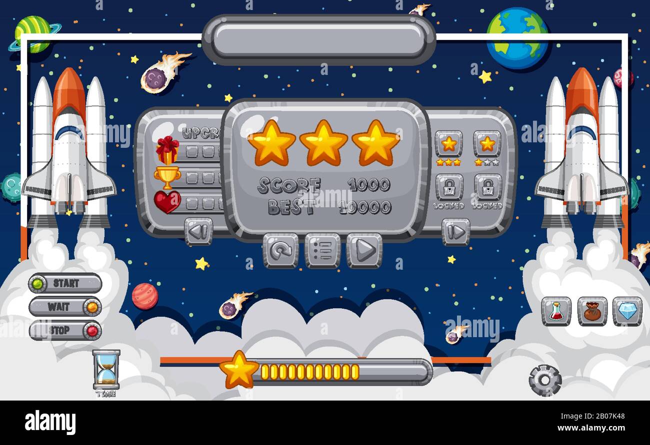 Screen template for computer game with space theme illustration Stock ...