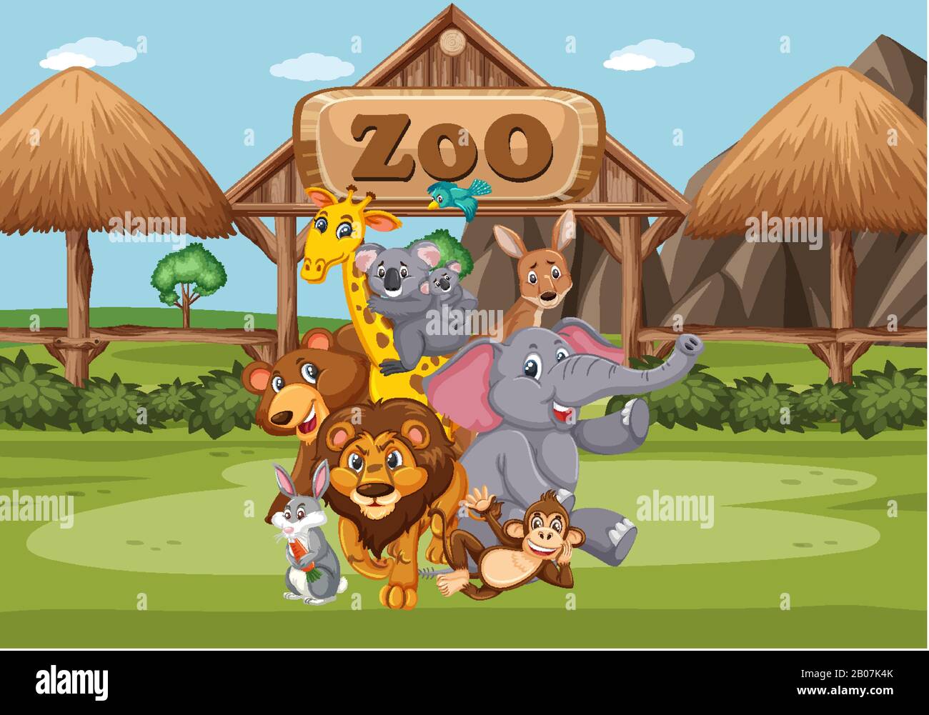 Scene with wild animals in the zoo at day time illustration Stock ...
