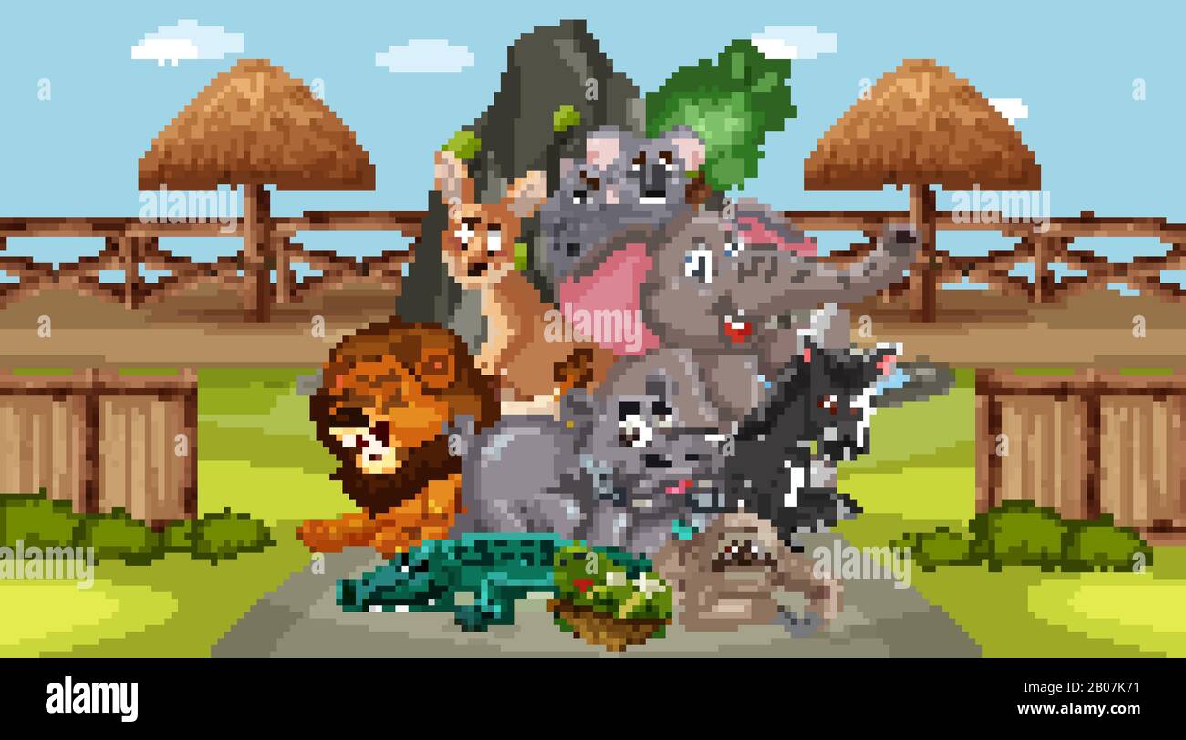 Scene with wild animals in the zoo at day time illustration Stock ...