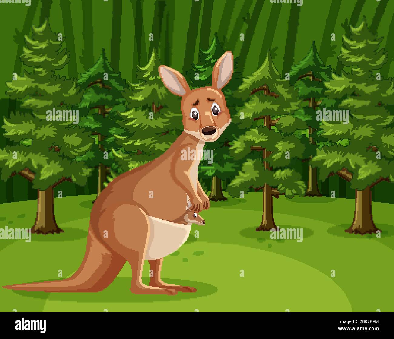 Scene with sad kangaroo in the big forest illustration Stock Vector ...