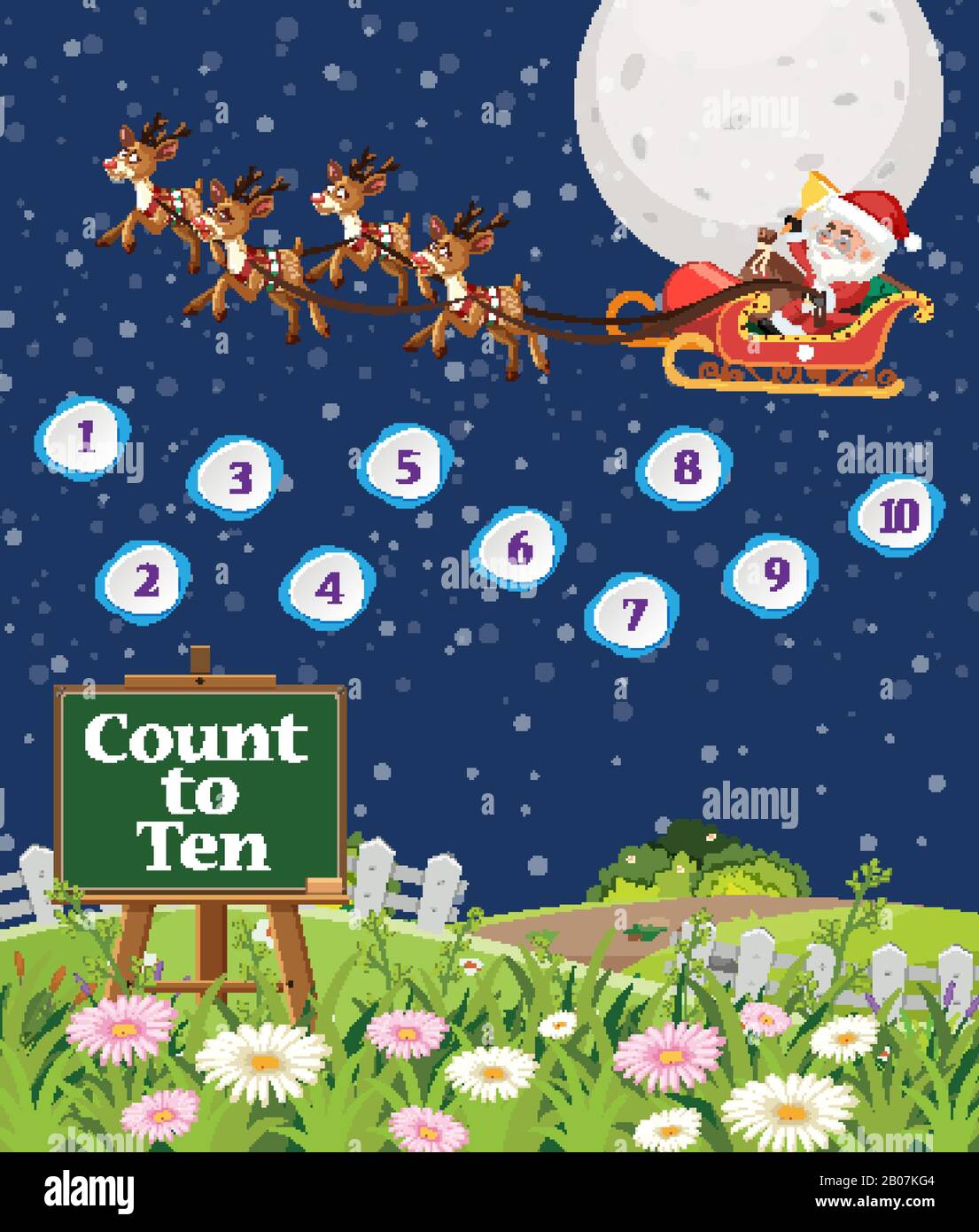 Counting numbers with Santa flying in the sky background illustration ...