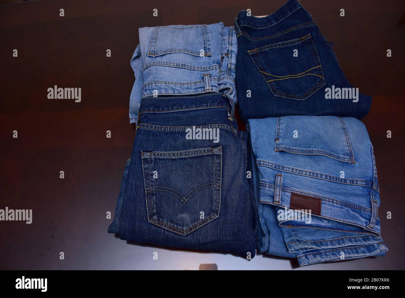 Set of Colorful shades of blue jeans trousers isolated in style light ...