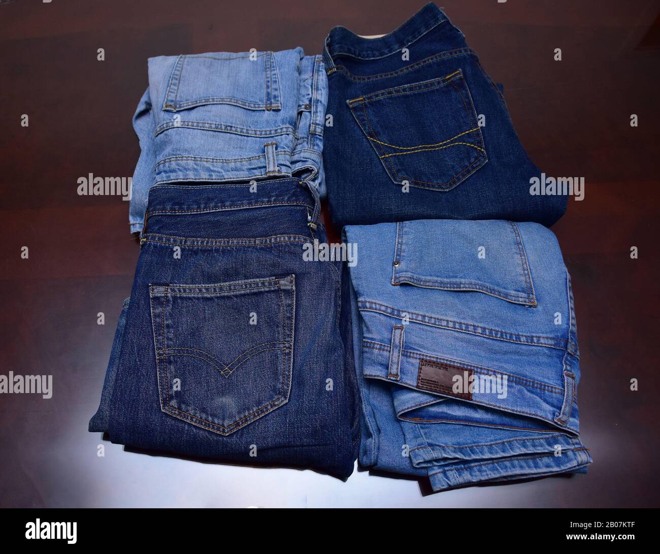 Set of Colorful shades of blue jeans trousers isolated in style light ...