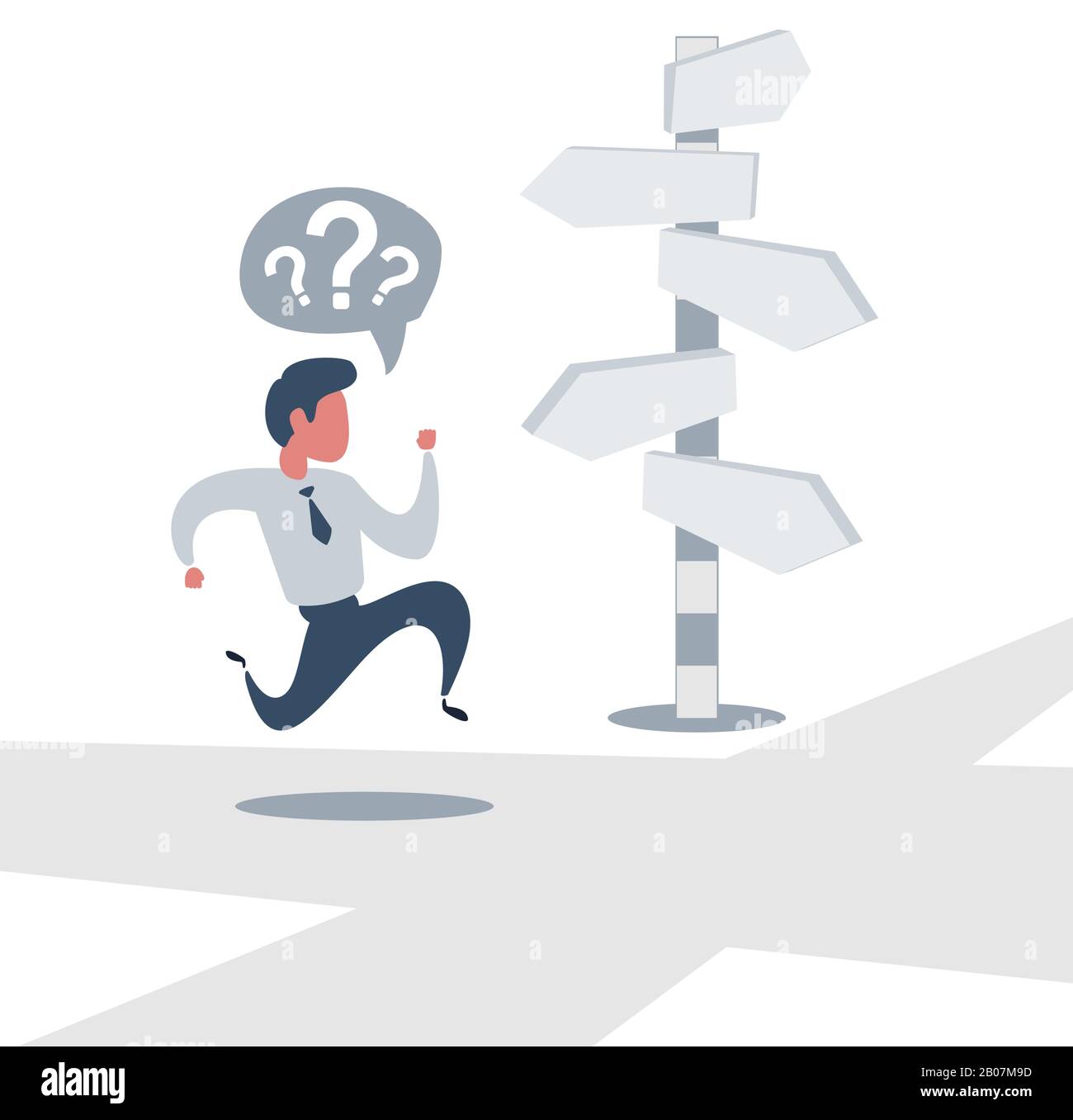 Right direction. A businessman looks at arrows pointing to many ...