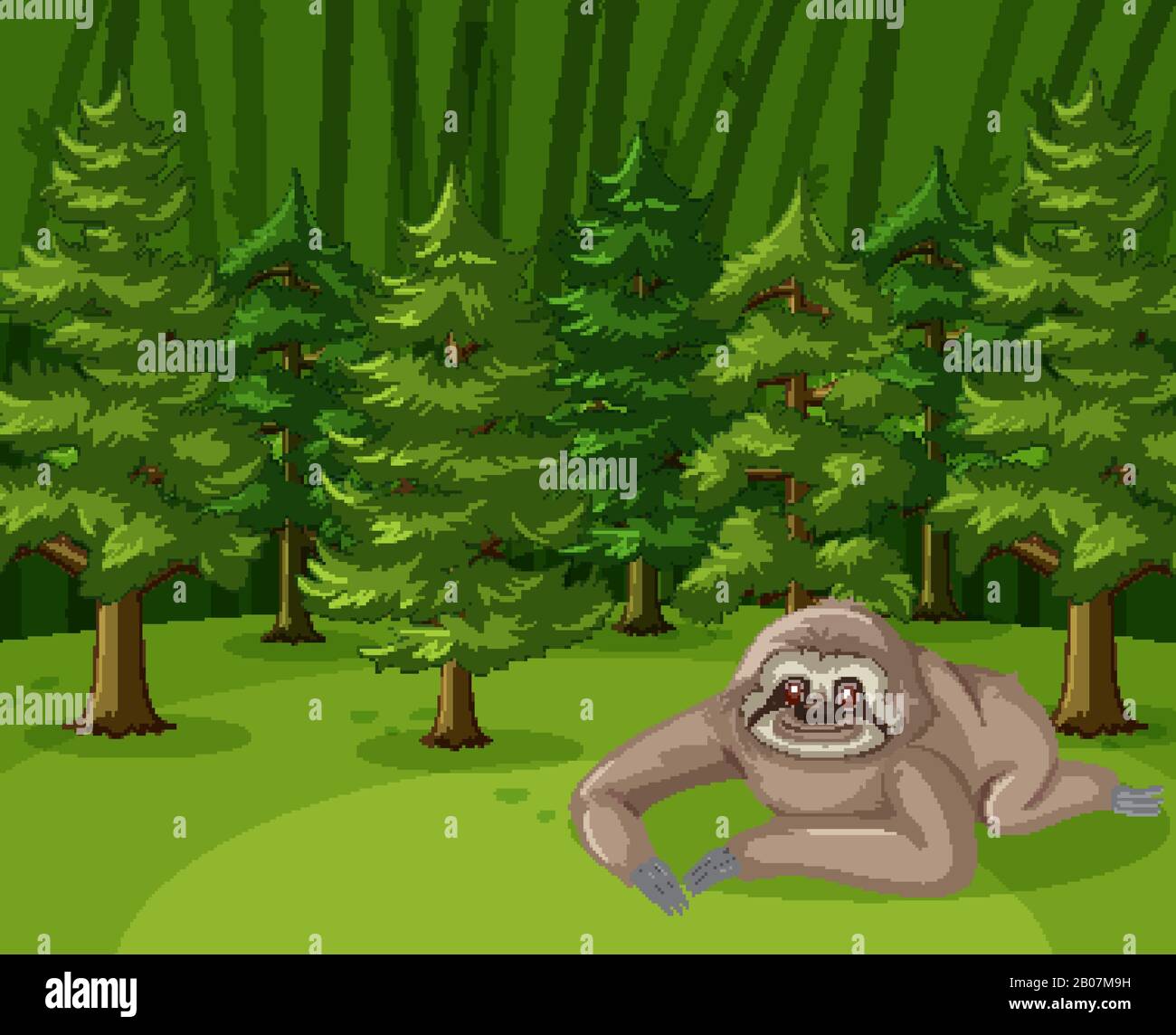 Scene with sloth crawling in the big forest illustration Stock Vector ...