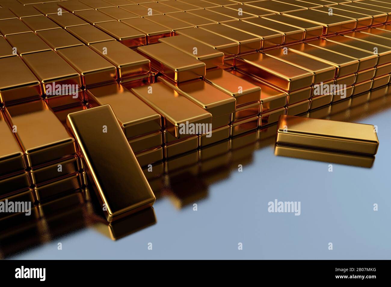 3D illustration of a gold reserve, in the form of gold bars arranged in ...