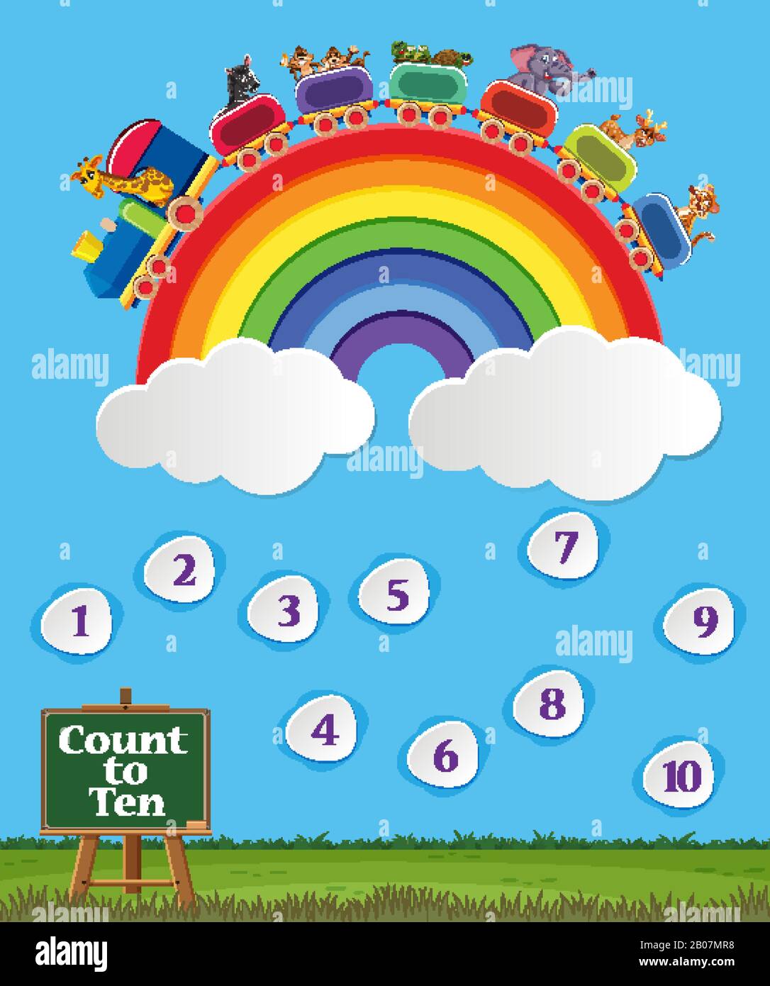 Number one to ten with blue sky and colorful rainbow background ...