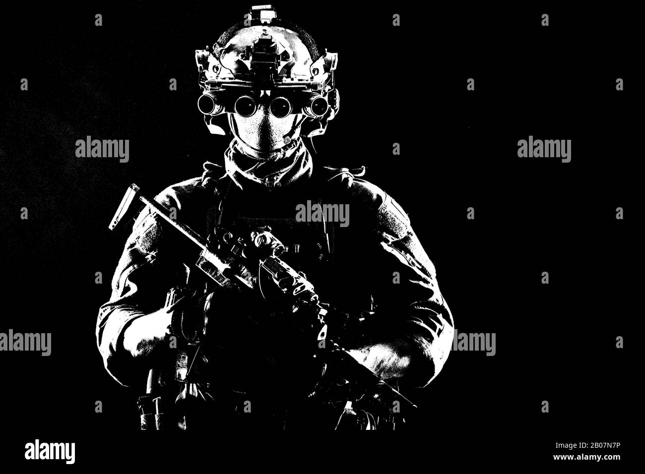 Army elite soldier with hidden behind mask and glasses face, in full ...