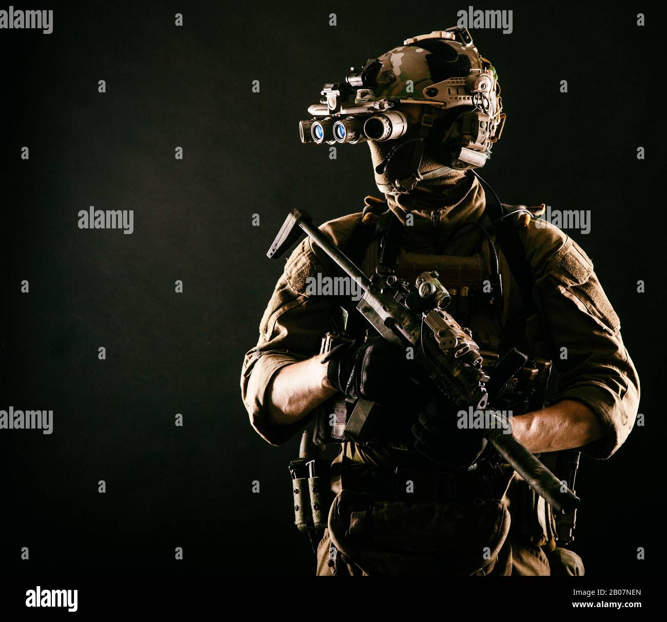 Army elite soldier with hidden behind mask and glasses face, in full ...