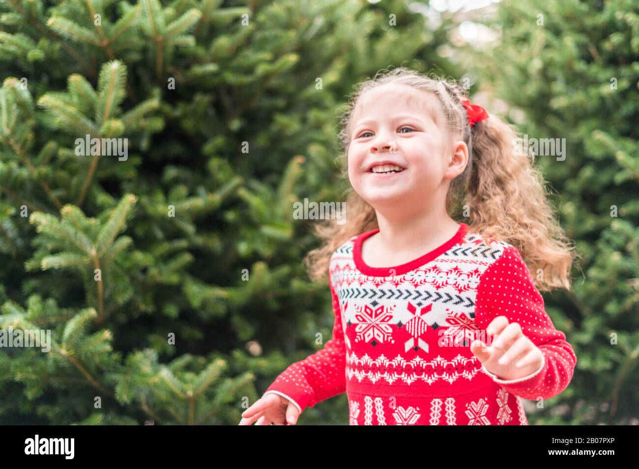 Little girl in red dress at the Christmas tree farm Stock Photo - Alamy