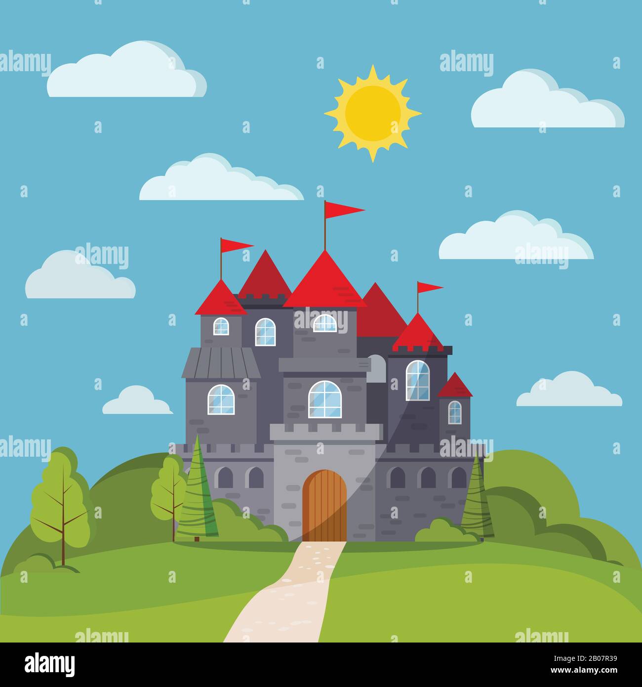 Cartoon flat style fairy tale background with grey stone castle tower ...