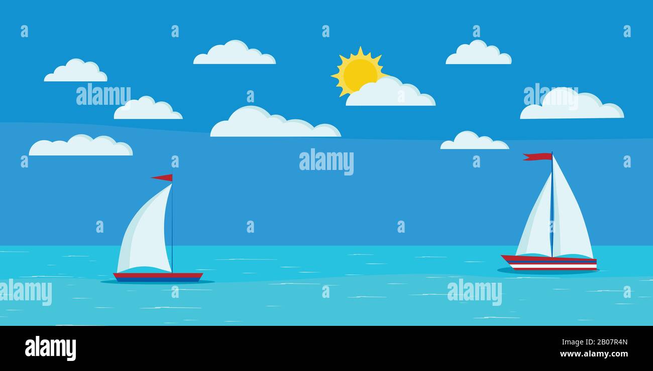 Cartoon flat design style sea landscape with two sailboats, clouds ...