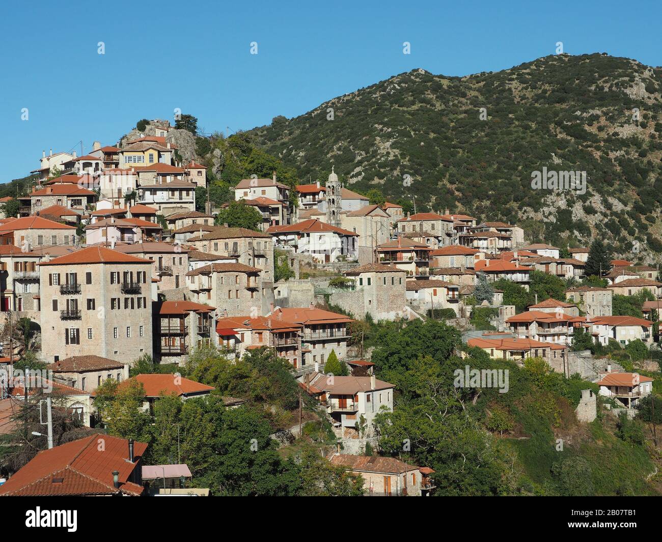 Dimitsana, Arcadia, Peloponnese, Greece showing traditional stone tower ...