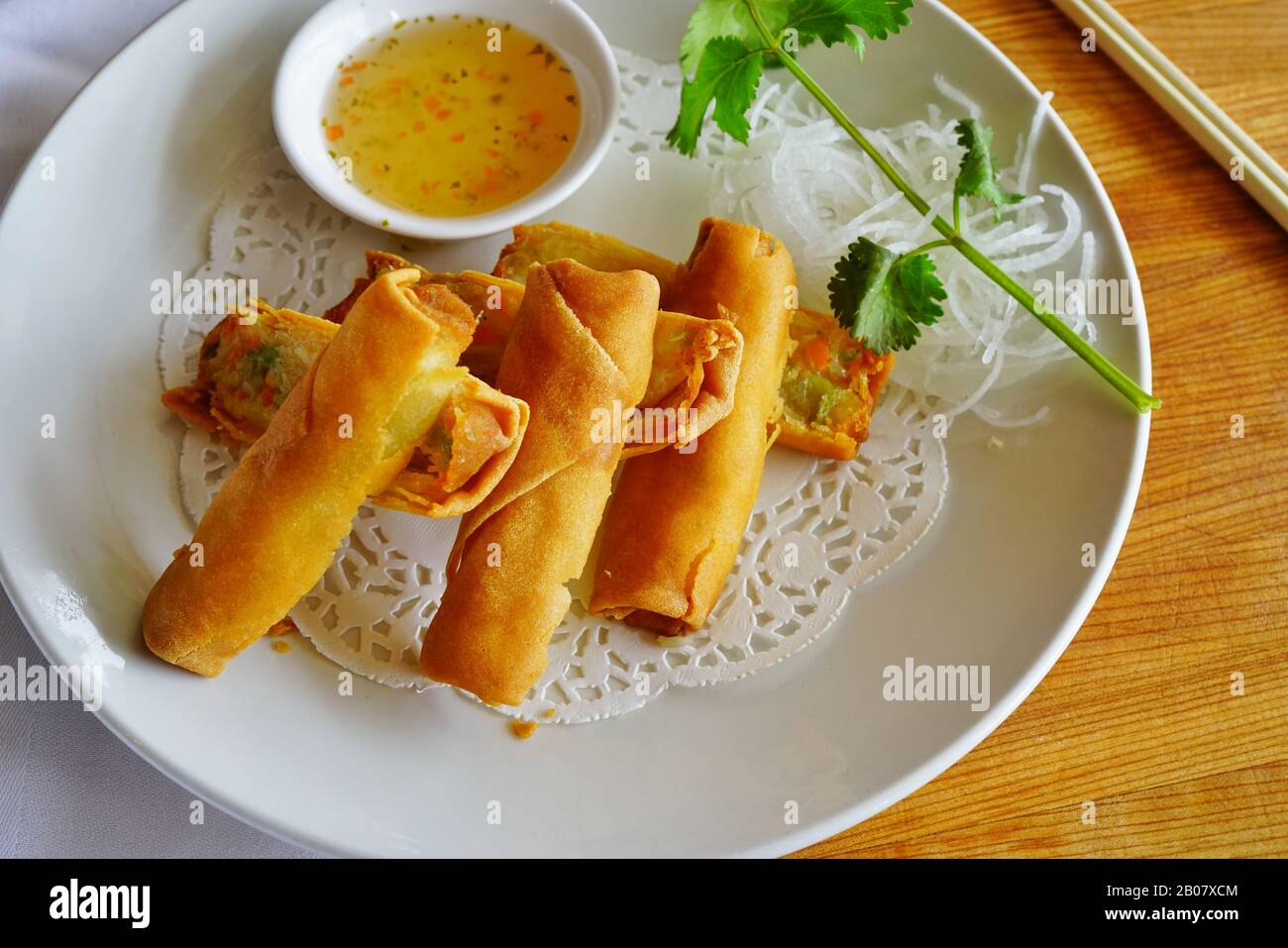Fried Filipino vegetable spring rolls at an Asian restaurant Stock ...