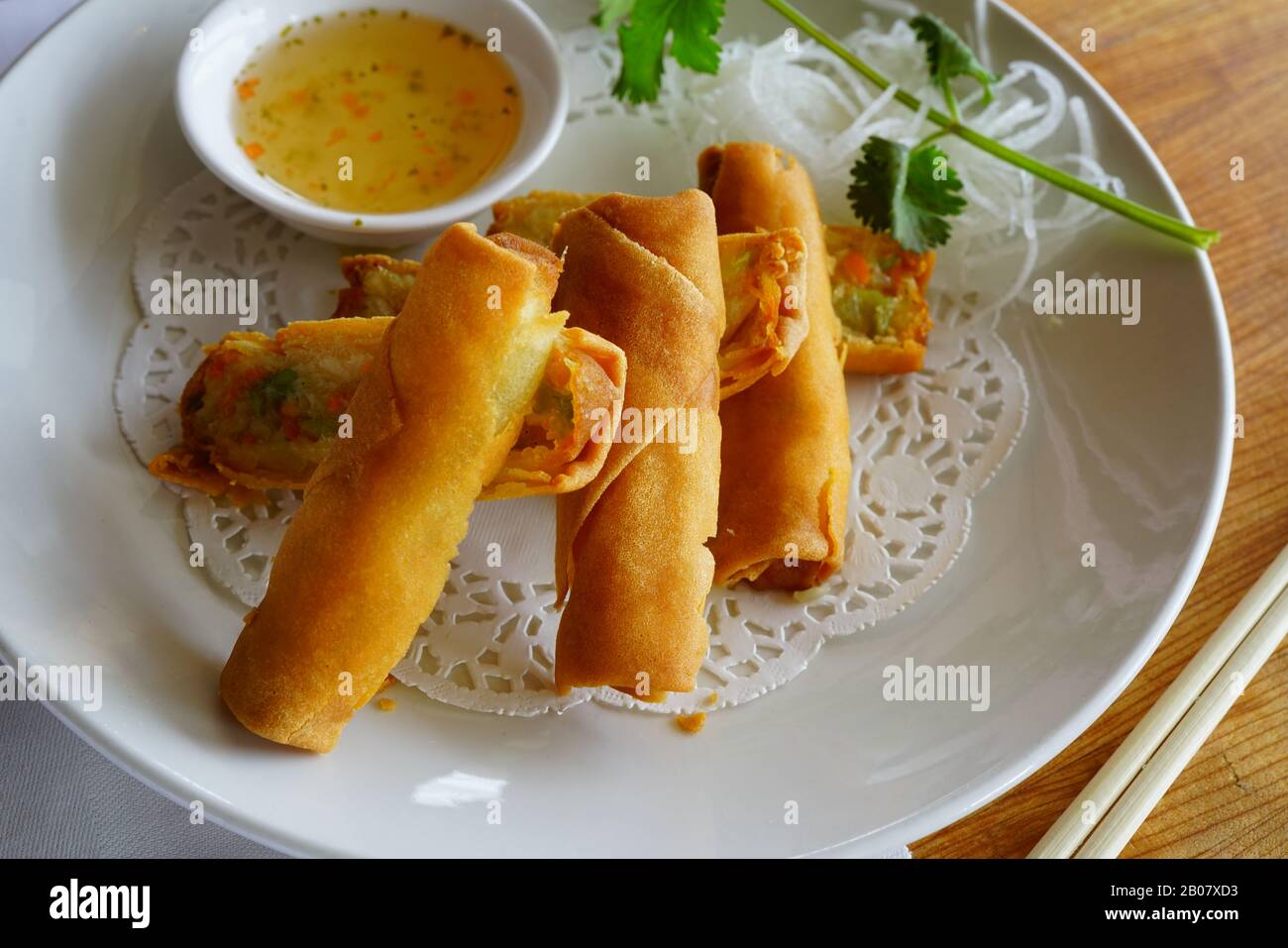 Fried Filipino vegetable spring rolls at an Asian restaurant Stock ...