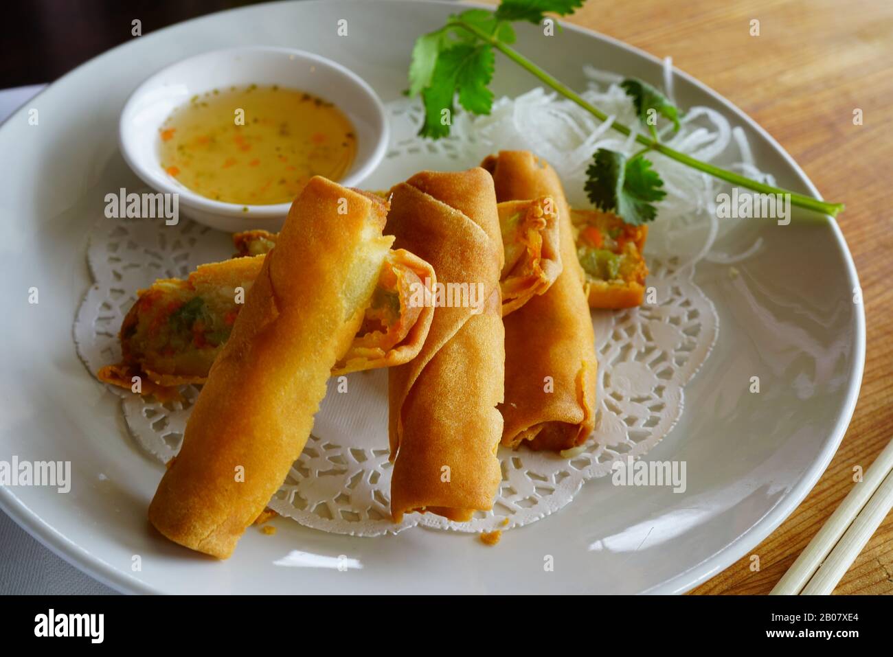 Fried Filipino vegetable spring rolls at an Asian restaurant Stock ...