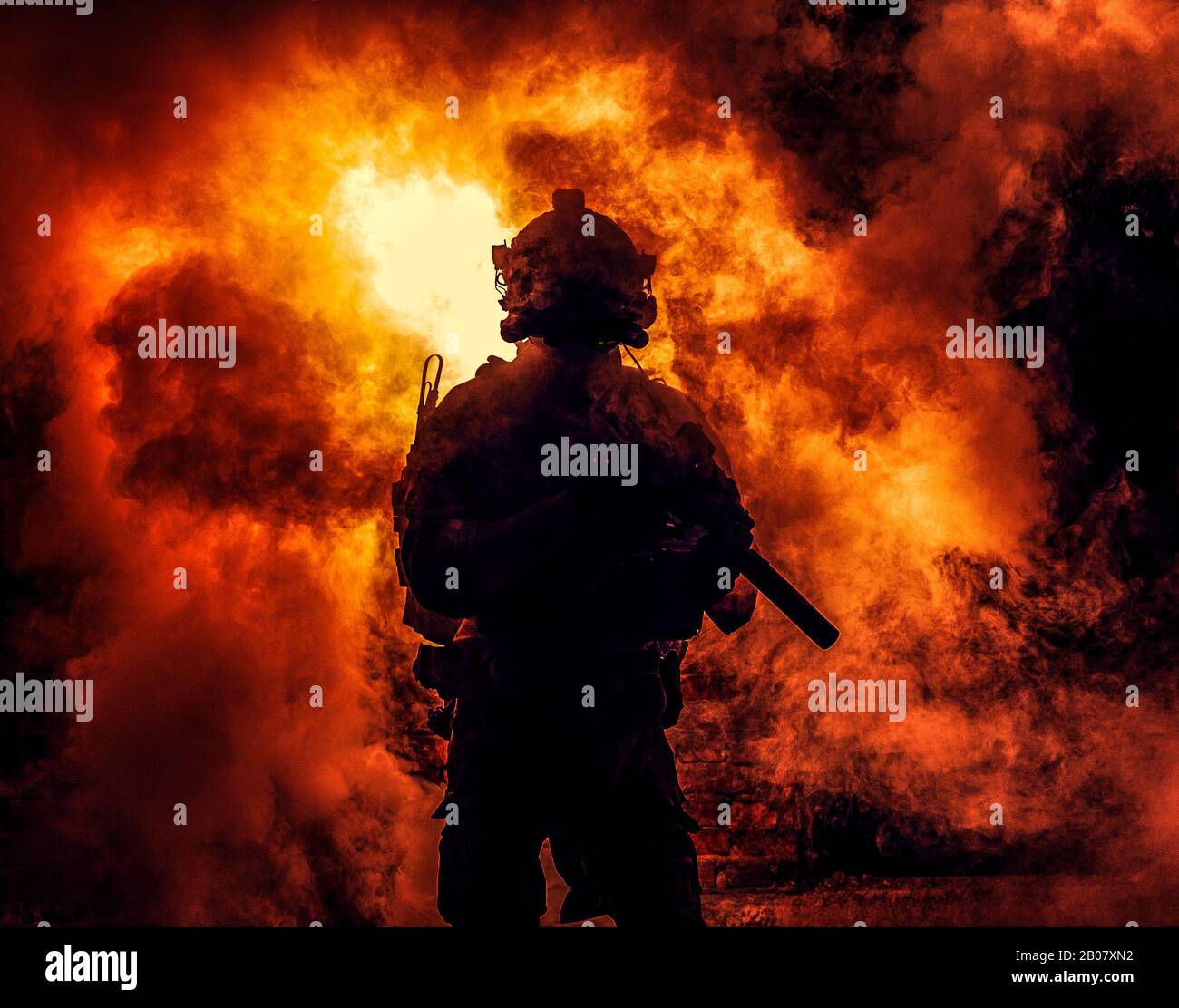 Silhouette of modern infantry soldier, elite army fighter in tactical ...