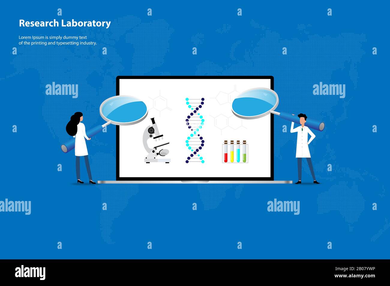 Concept of research laboratory, scientist hold a magnifier and focus on ...
