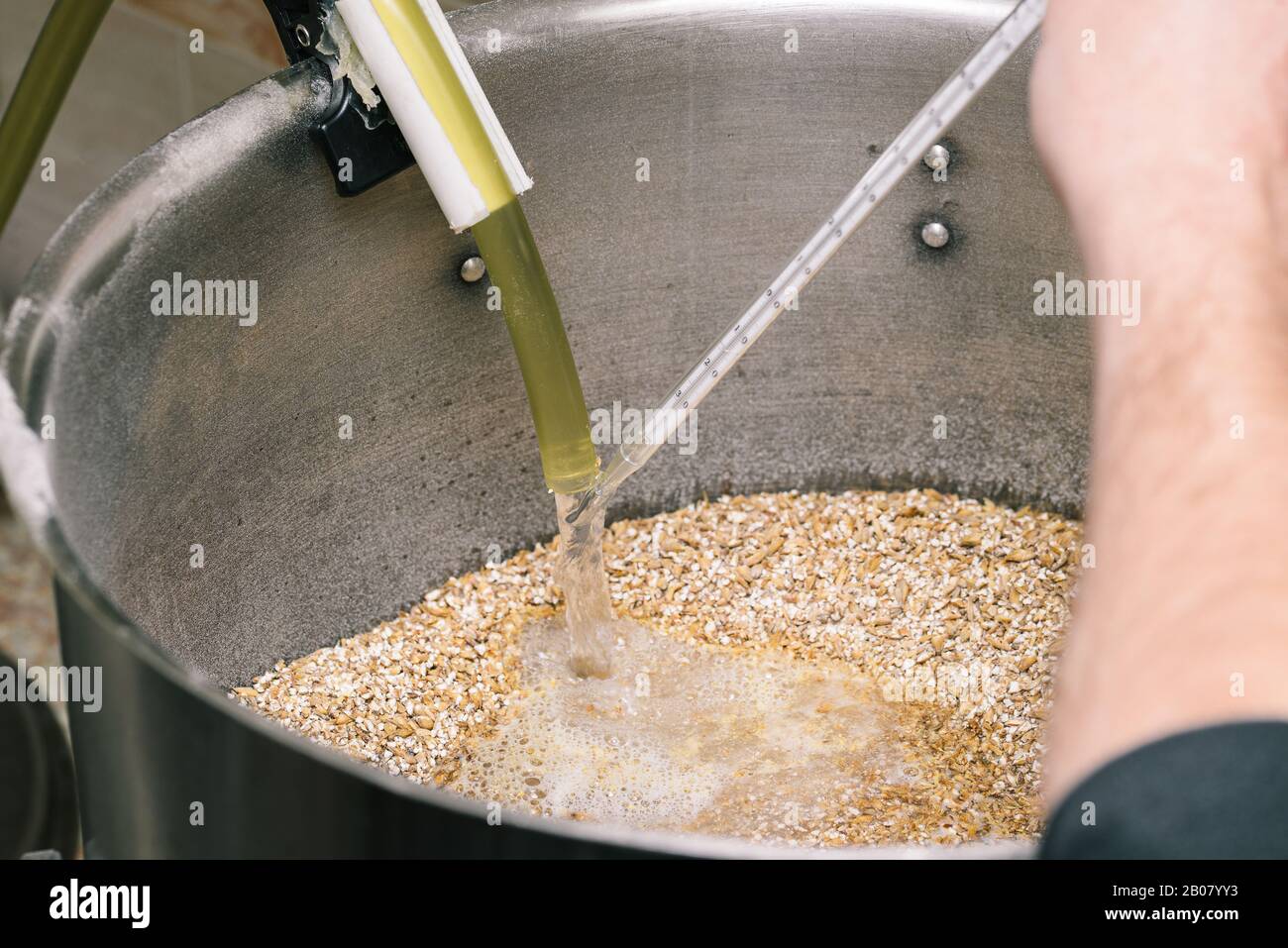 A man pours water into a tank where ground malt lies. Measurement of ...