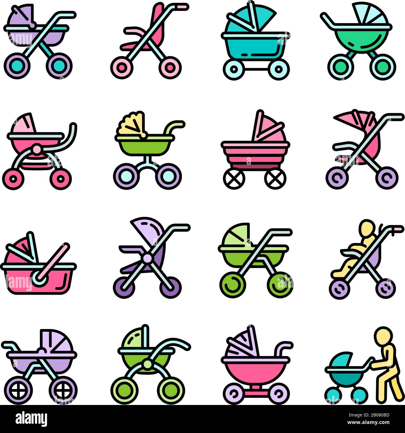 Pram icons set. Outline set of pram vector icons for web design ...