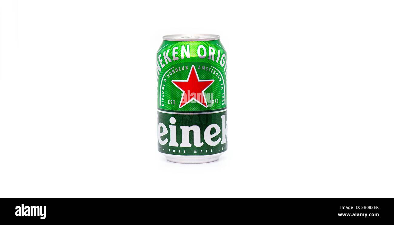 BERLIN - FEB 19: Heineken Beer in aluminum can with new Design isolated ...