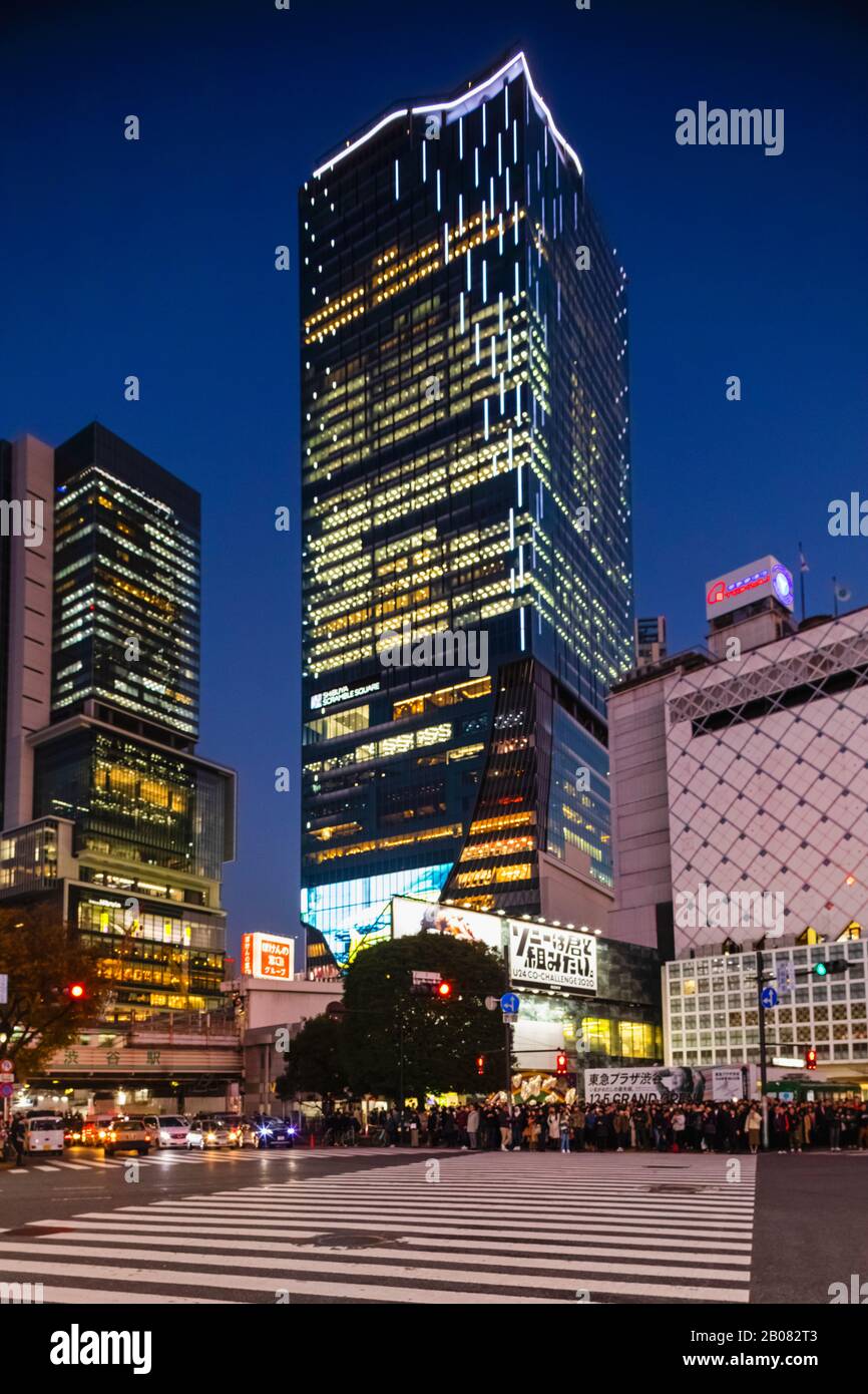Shibuya scramble square building and shibuya station at night hi-res ...