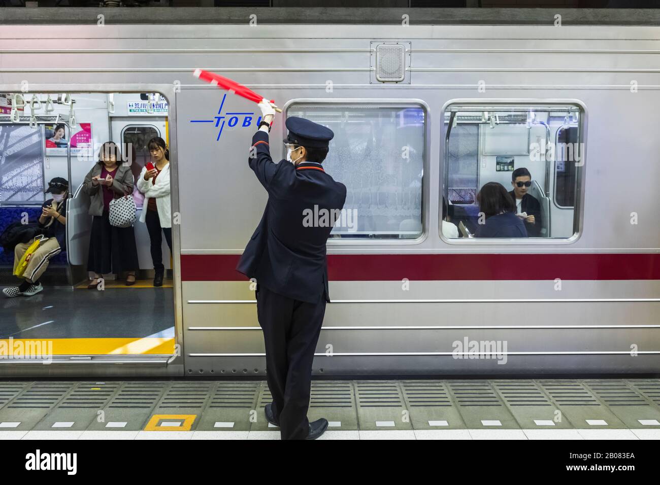 Japan, Honshu, Tokyo, Asakusa Station, Tobu Railways, Platform Guard ...