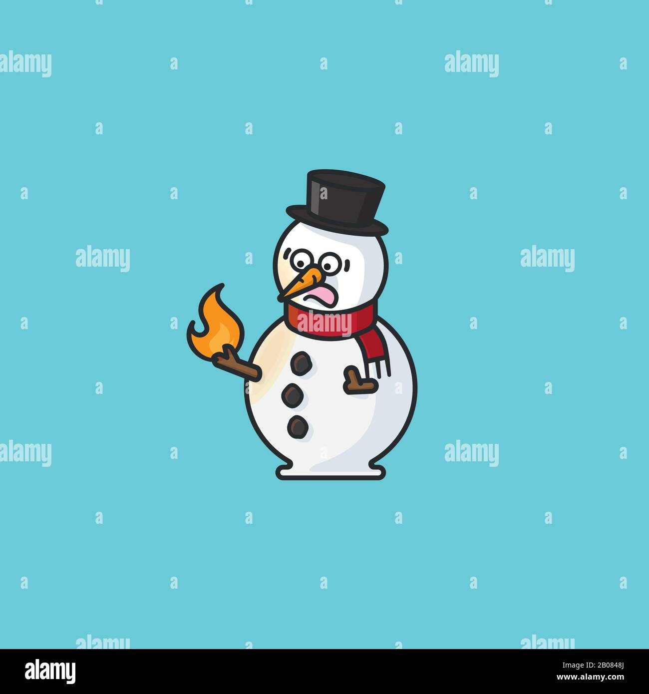 Frightened snowman looking at his burning stick hand vector ...