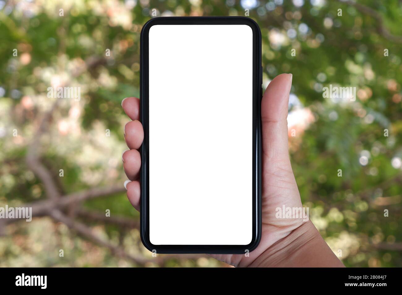 Close-up hand holding phone vertical, Using smart phone with blurred ...